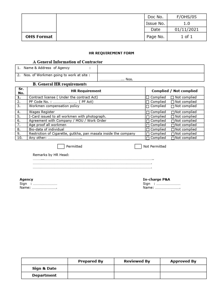 F-OHS-05-HR Requirement Form | PDF | Business Law | Private Law