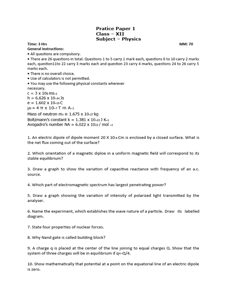 Xii Practice Paper Physics Set 1 | PDF | Capacitor | Electromagnetic Radiation