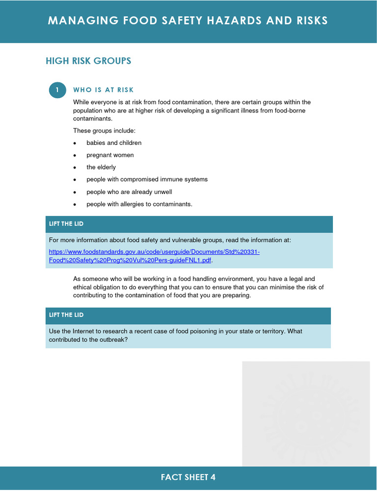 Fact Sheet 4 - Managing Food Safety Hazards and Risks | PDF | Food ...