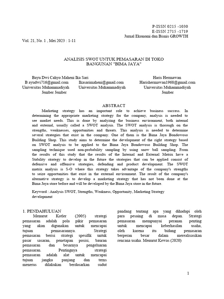 Analisis Swot Untuk Pemasaran DI Toko Ba | PDF