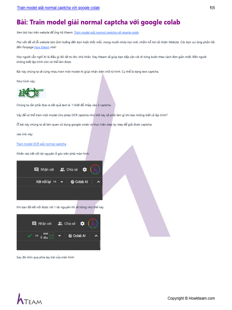 HOWKTEAM.VN - Train model giải normal captcha với google colab | PDF