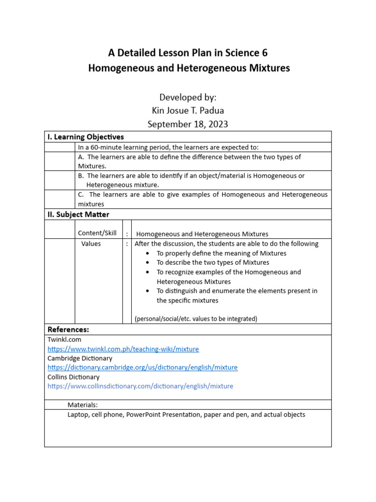 A Detailed Lesson Plan in Science 6 | PDF | Mixture | Physical Chemistry