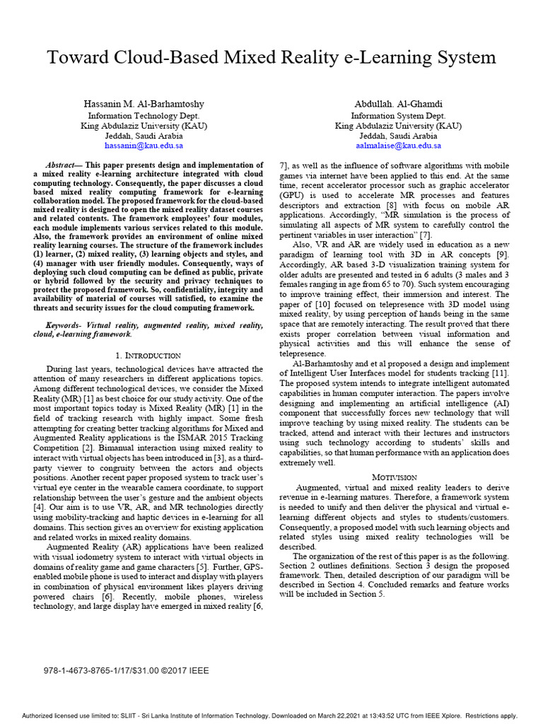 Cloud-Based Mixed Reality E-Learning | PDF | Mixed Reality | Augmented Reality
