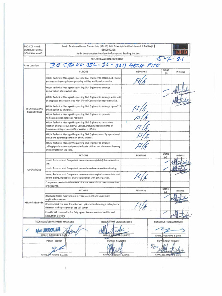 6.2.10 Pre-Excavation Inspection Checklists Log-2021 | PDF