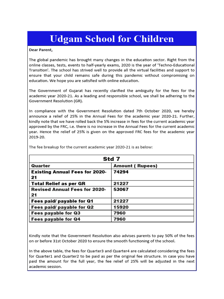 Udgam School For Children | PDF | Fee