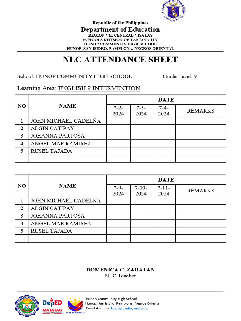 NLC Attendance Sheet | PDF
