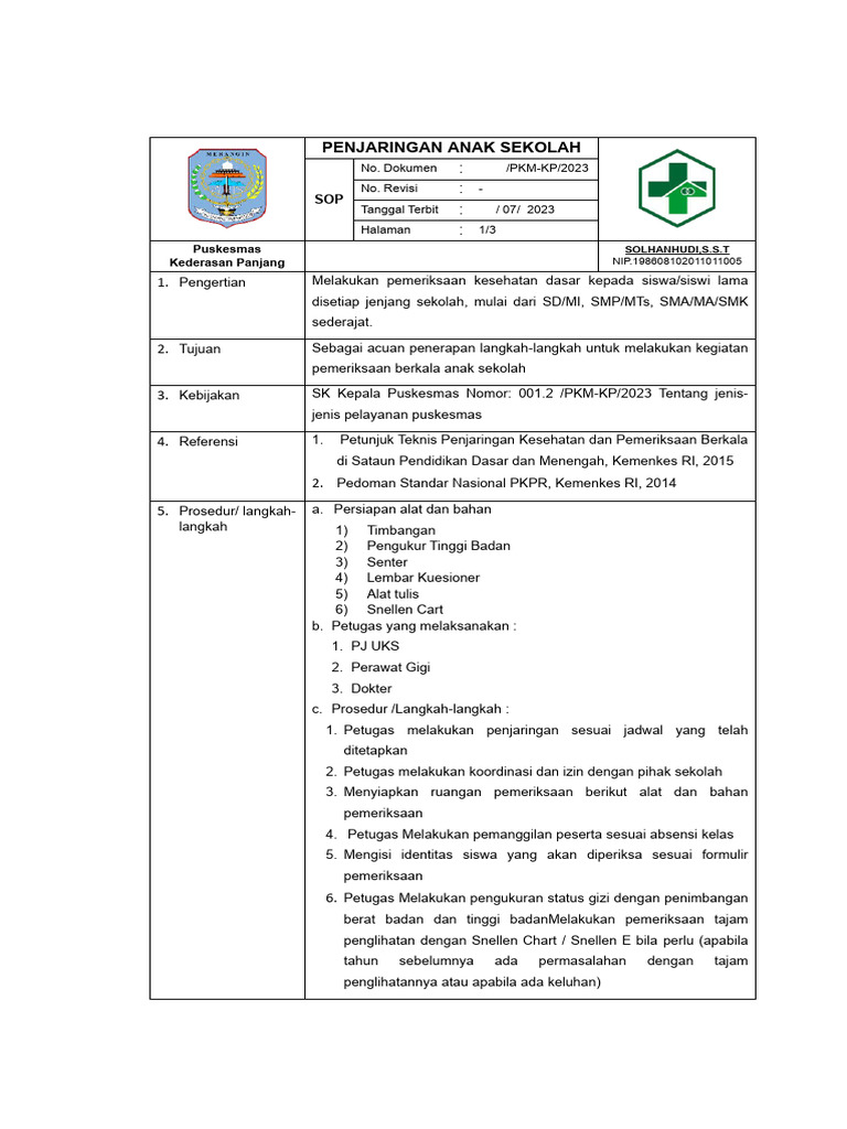 SOP Penjaringan Kesehatan Anak Sekolah | PDF
