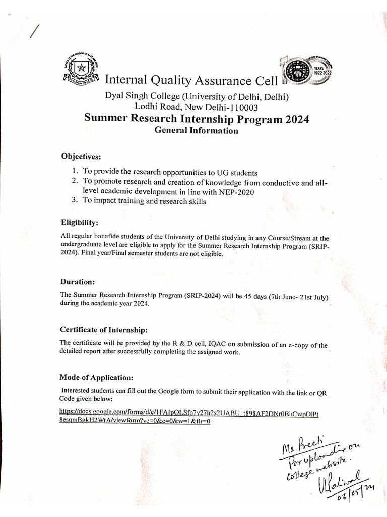 Summer Research Internship Program 2024 1 | PDF