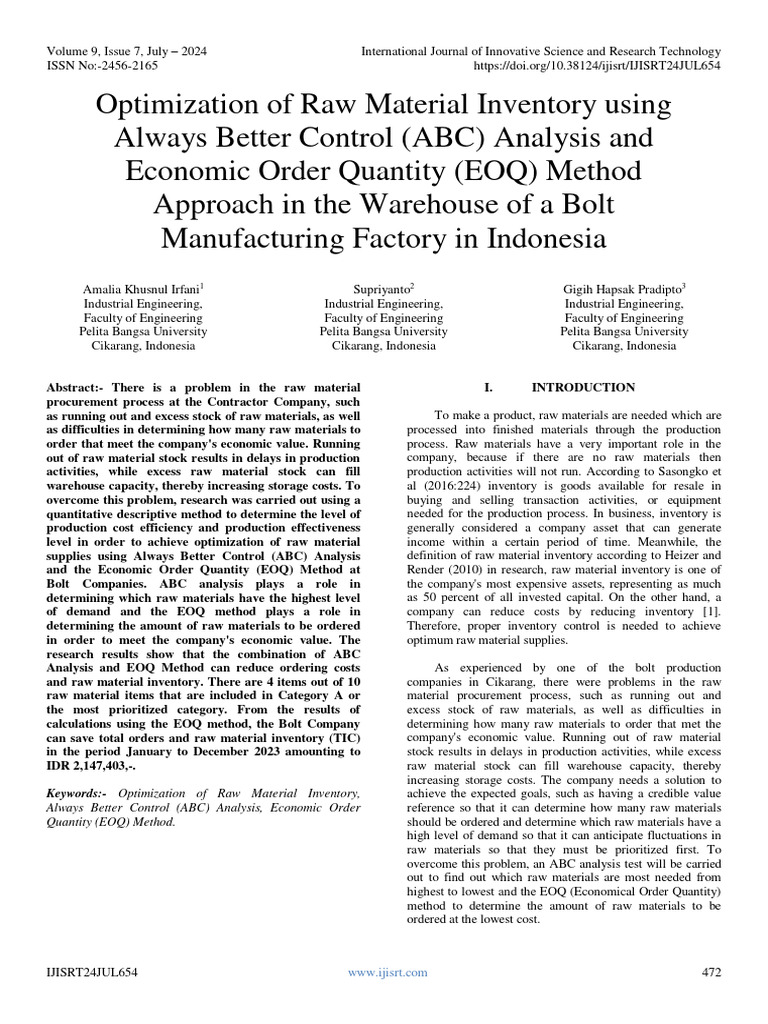 Optimization of Raw Material Inventory Using Always Better Control (ABC ...