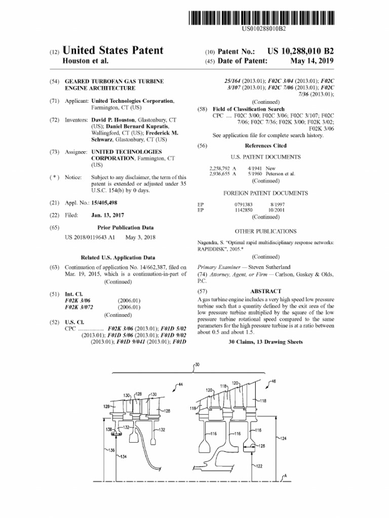 US10288010B2-Geared turbofan gas turbine engine architecture | PDF