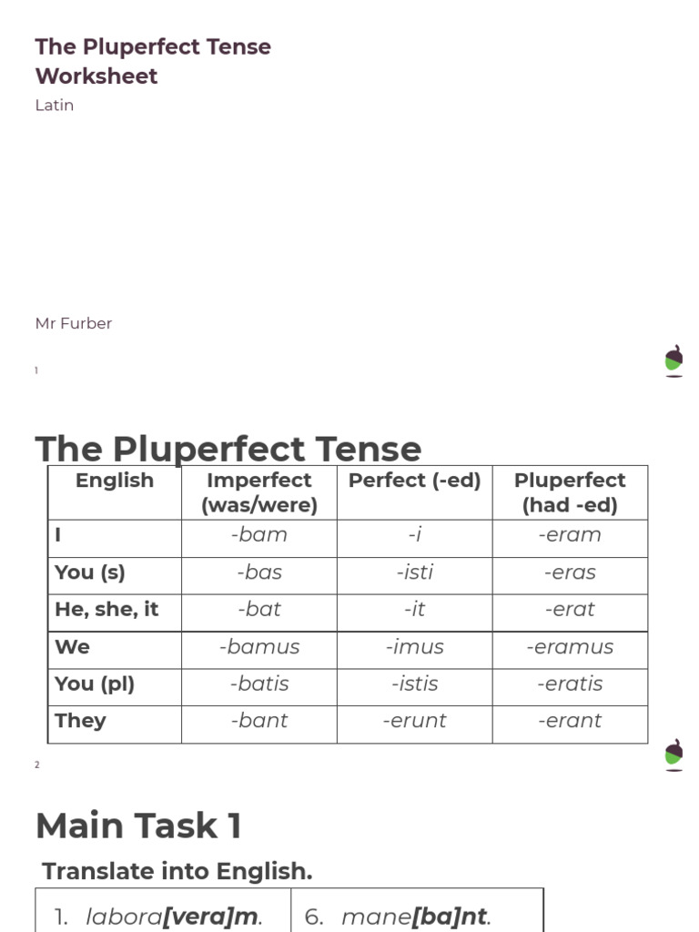 Pluperfect Tense Latin Worksheet | PDF | Linguistics | Grammar