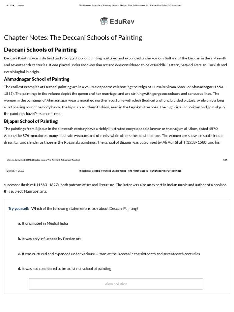 The Deccani Schools of Painting Chapter Notes - Fine Art For Class 12 ...