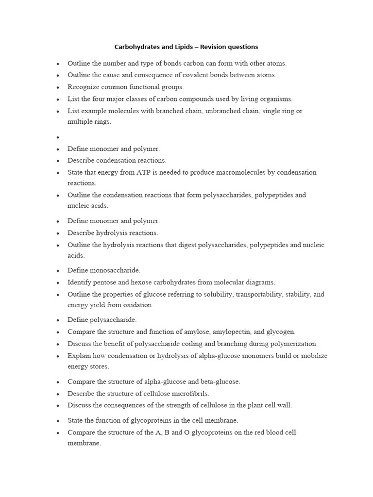 Rev QN Carbohydrates and Lipids | PDF | Polysaccharide | Lipid