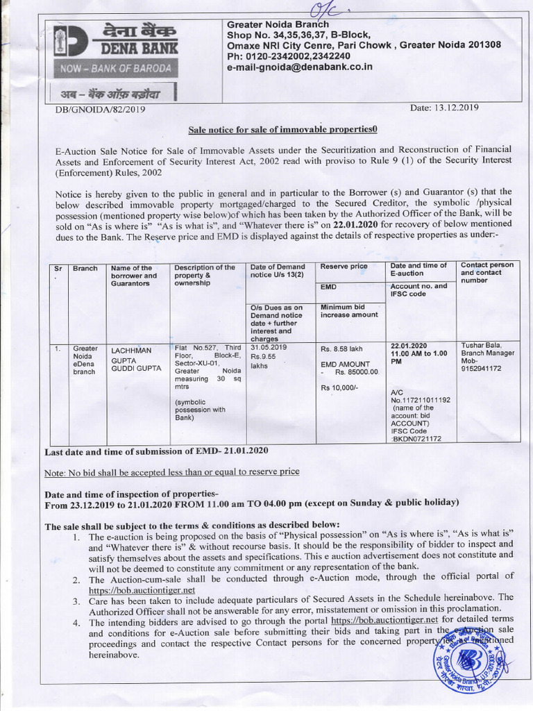 BANK OF BARODA 1 - Sale-Notice-For-Sale-Of-Immovable-Properties | PDF | Auction