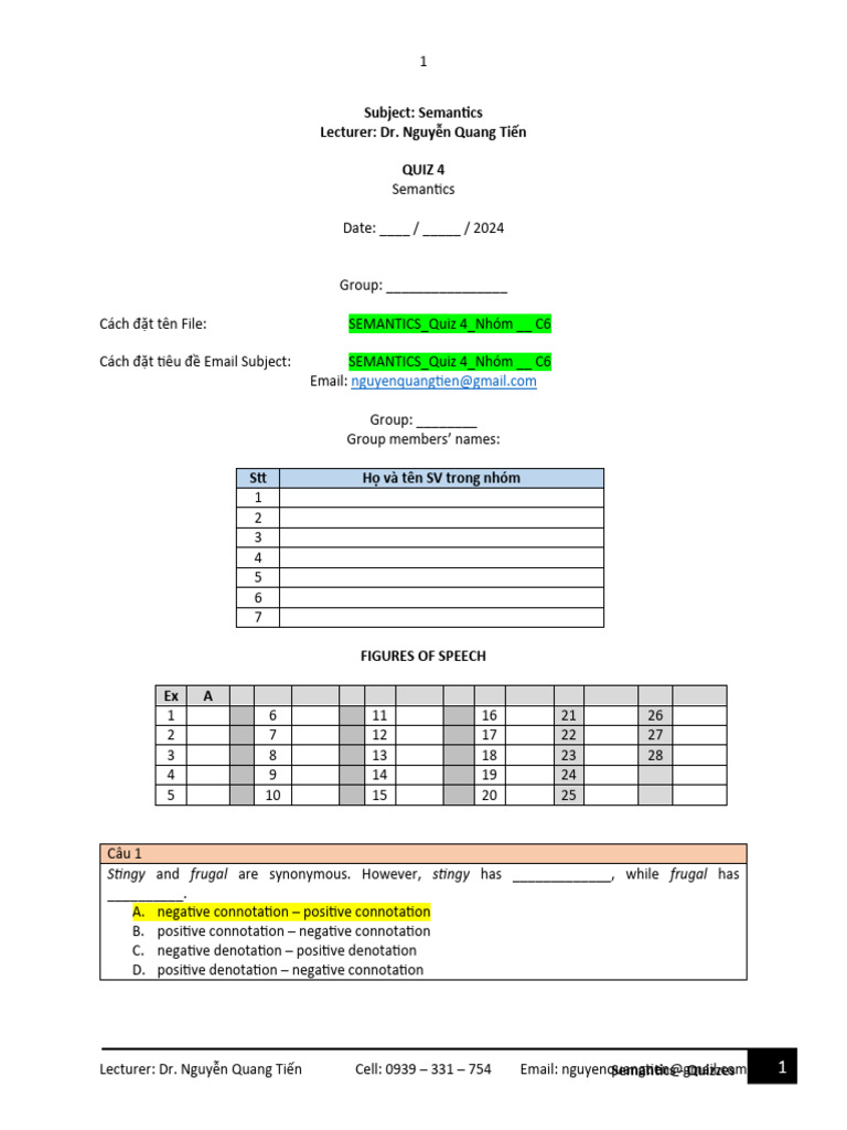 SEMANTICS - Quiz 4 - Nhóm - C6 | PDF | Metaphor | Rhetoric