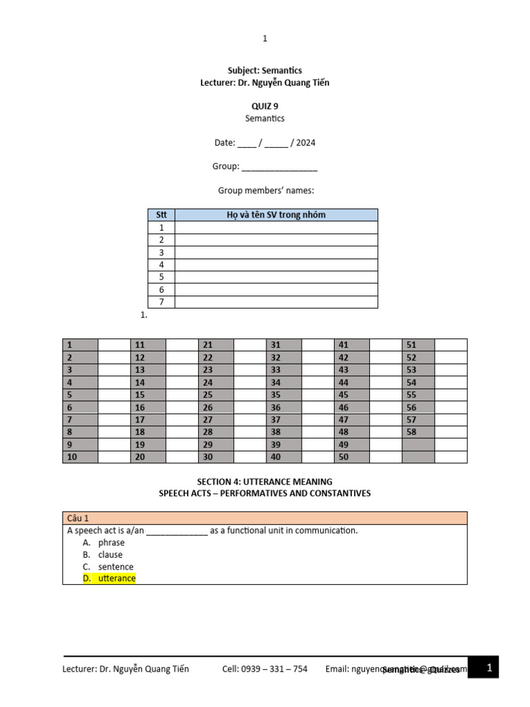SEMANTICS - Quiz 9 - Nhóm - C6 | PDF | Linguistics | Grammar