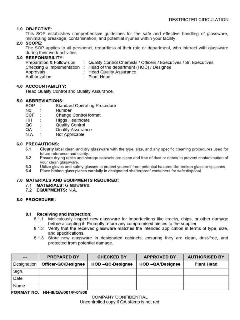 Glassware Handling SOP Guide | PDF | Purified Water | Water
