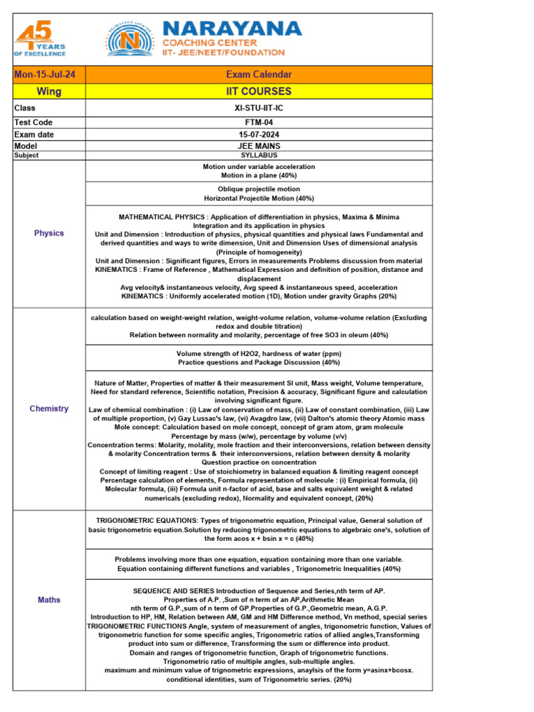 Xi Stu Iit Ic Ftm 04 | PDF | Mole (Unit) | Equations
