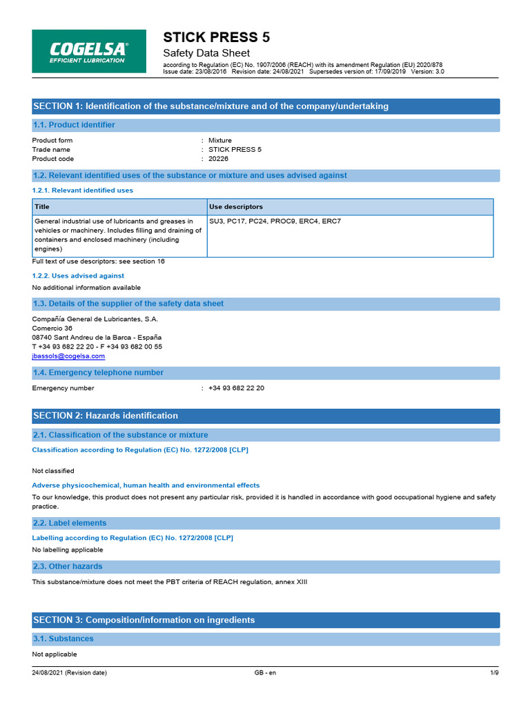 STICK PRESS 5 Safety Data Sheet | PDF | Dangerous Goods | Toxicity
