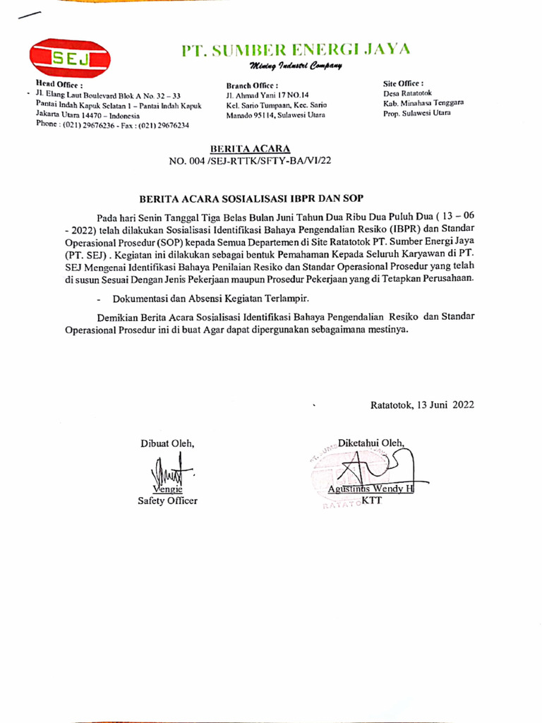 Berita Acara Sosialisasi IBPR Dan SOP | PDF