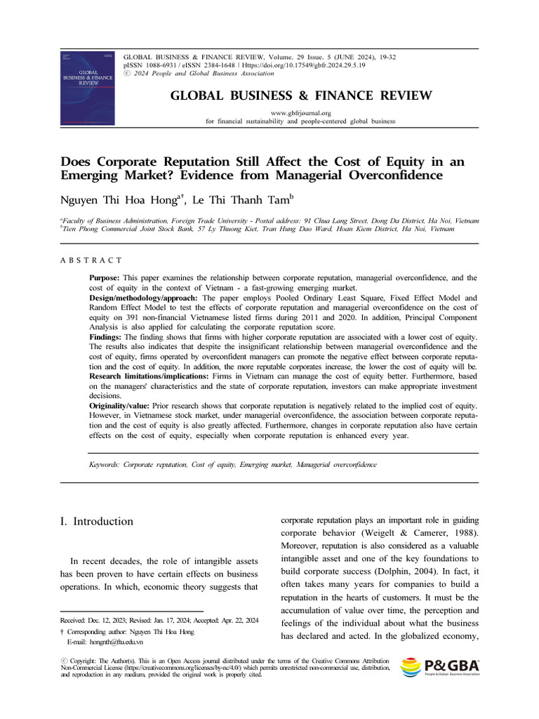Does Corporate Reputation Still Affect The Cost of Equity in An Emerging Market - Evidence From ...