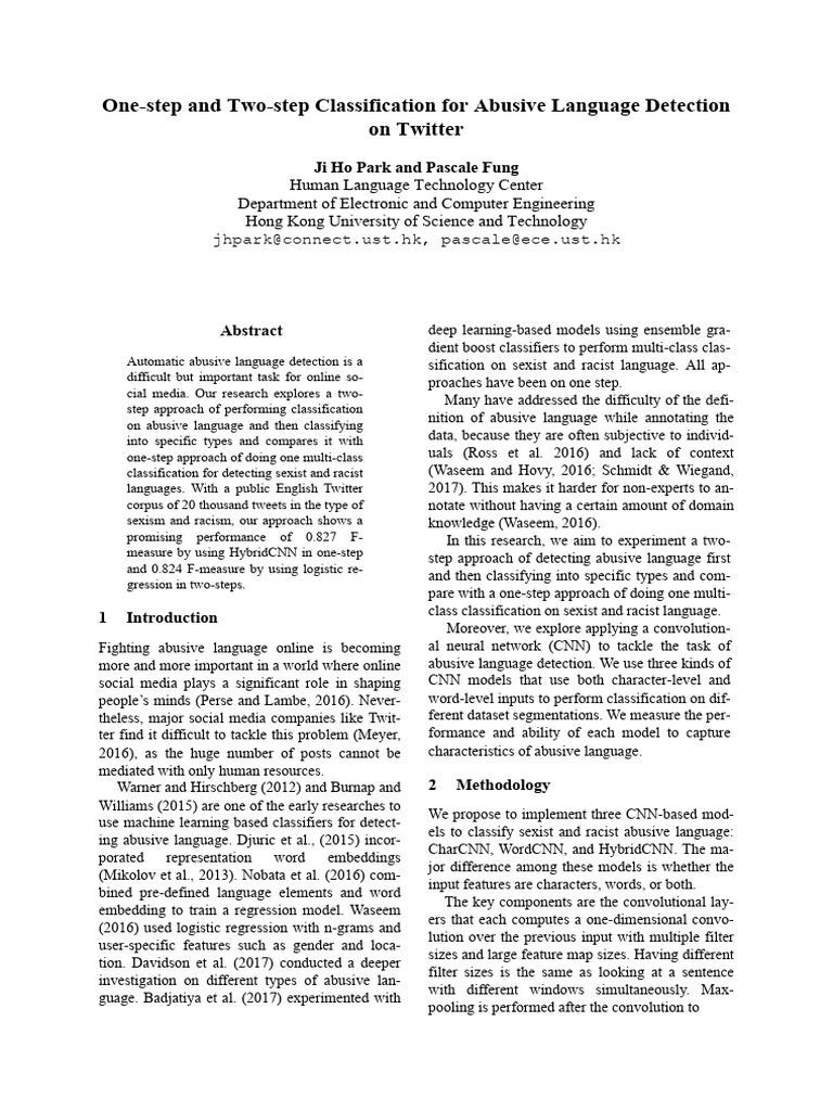 One Step And Two Step Classification For Abusive Language Detection Pdf Algorithms Machine 