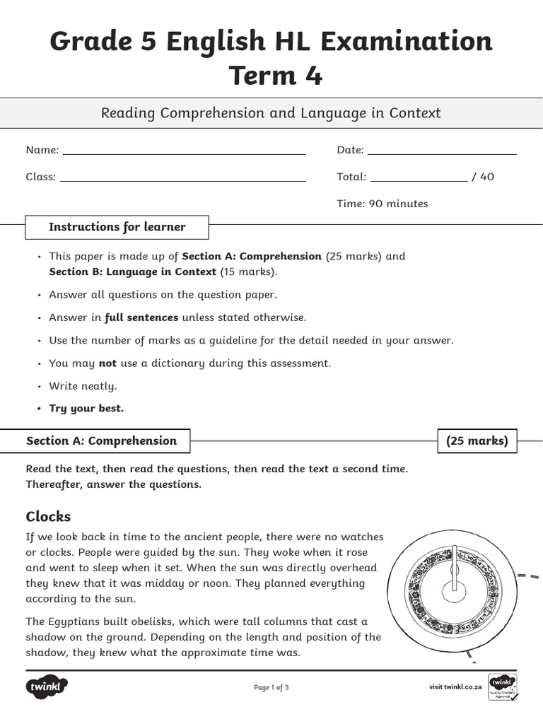 Grade 5 English HL Exam Term 4 | PDF | Clock | English Language