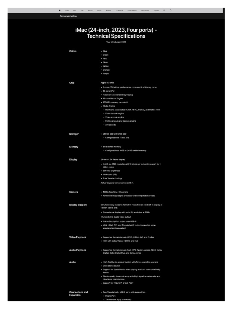 IMac (24-Inch, 2023, Four Ports) - Technical Specifications | PDF