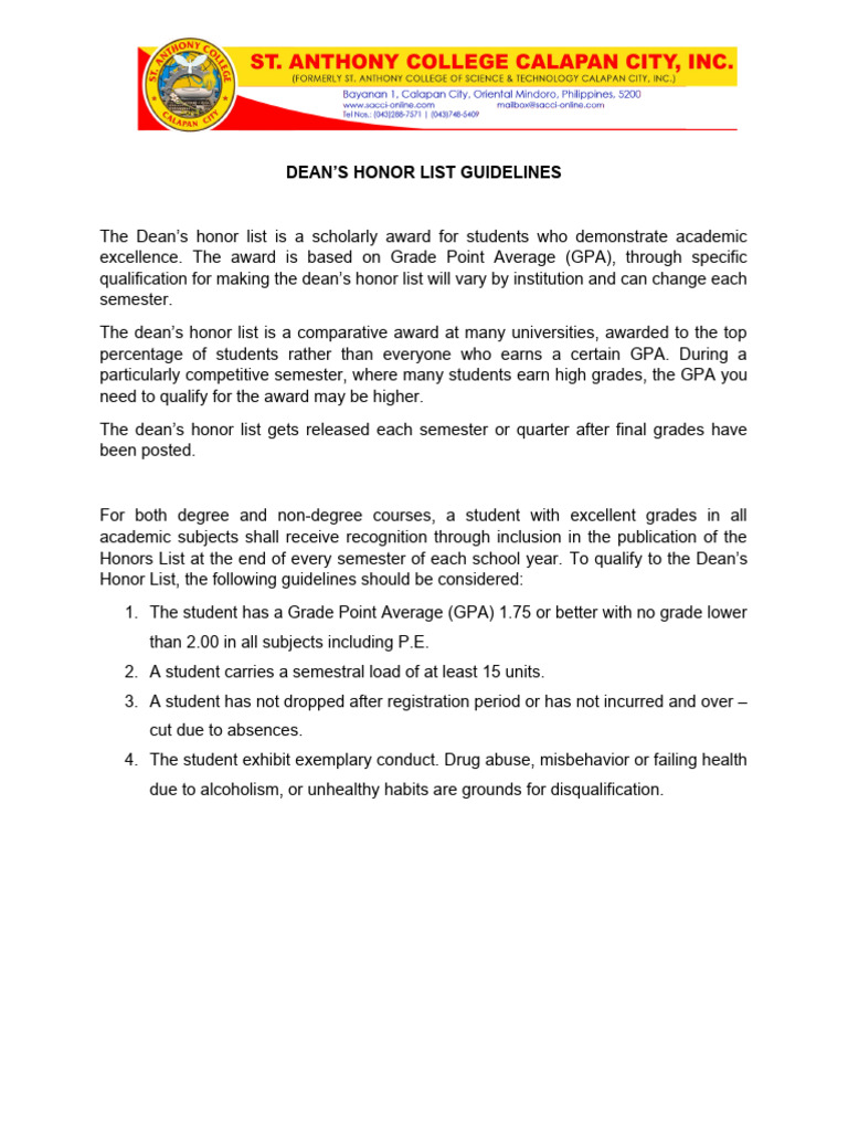 Dean's Honor List Guidelines | PDF