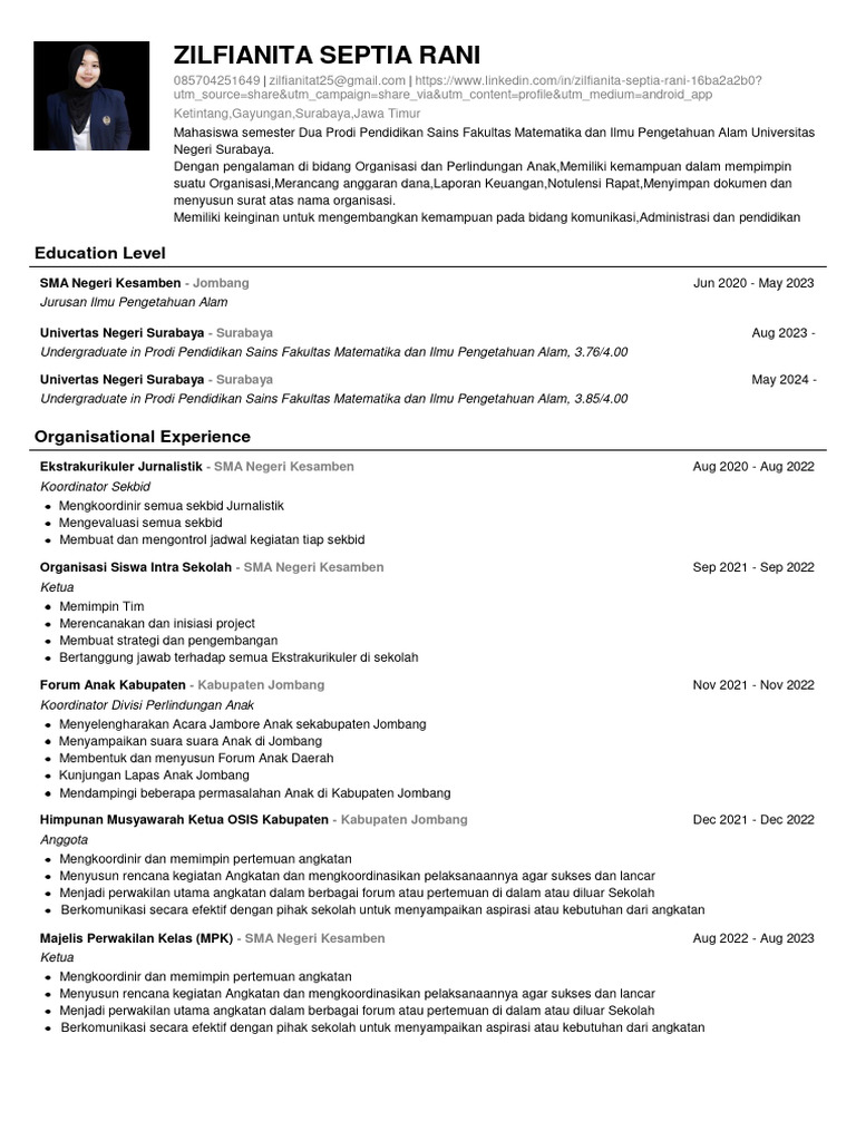 CV Zilfianita Septia Rani (Admin) | PDF | Seni