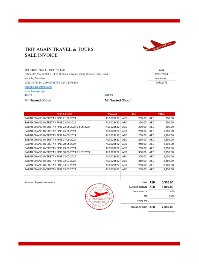 MR Naveed Overstay Fine Invoice | PDF | Taxes | Government Finances