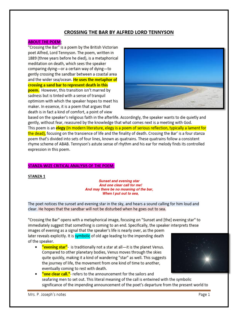 Crossing The Bar (A. Tennyson) Note | PDF | Poetry | Twilight