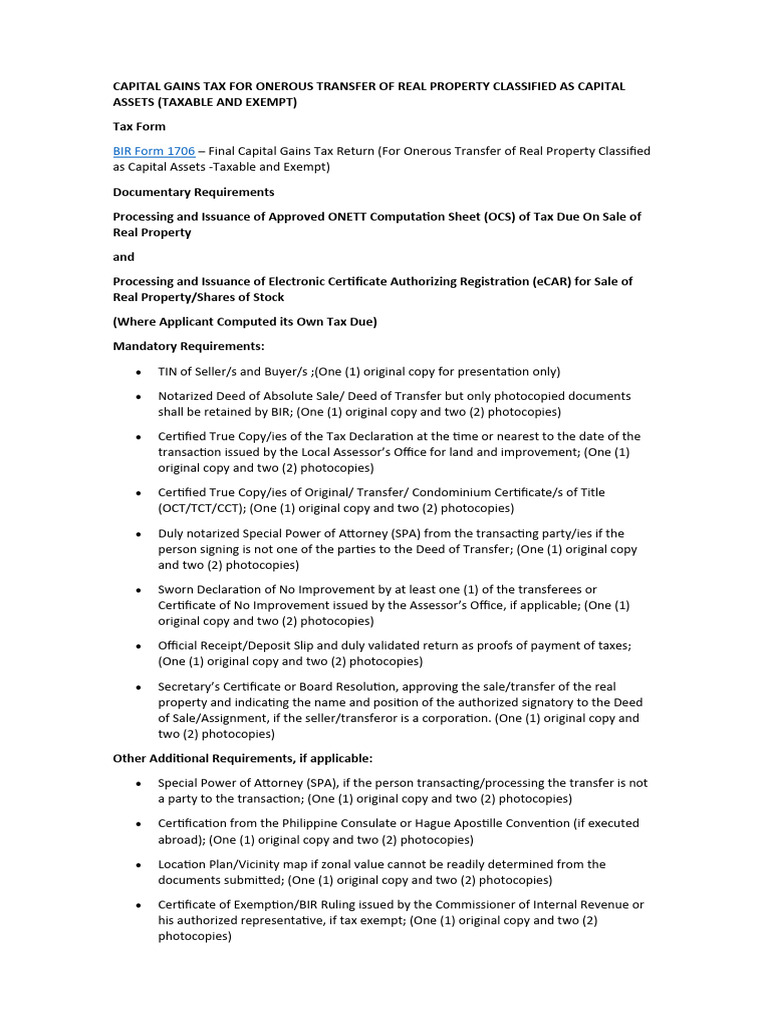 Capital Gains Tax For Onerous Transfer of Real Property Classified As ...