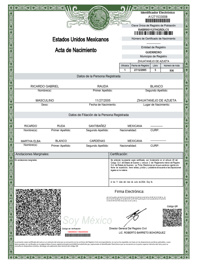 Acta de Nacimiento - FALSA | PDF | Autenticación | Información del gobierno