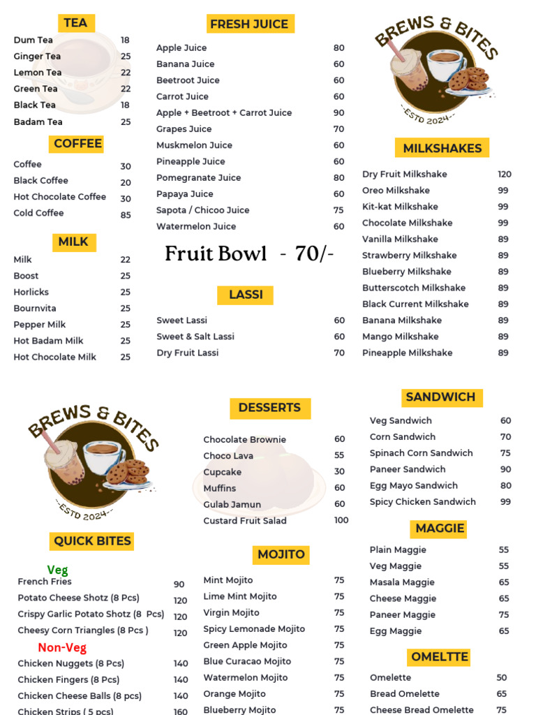 Brews & Bites - Updated Menu | PDF | Fruit | Milkshake
