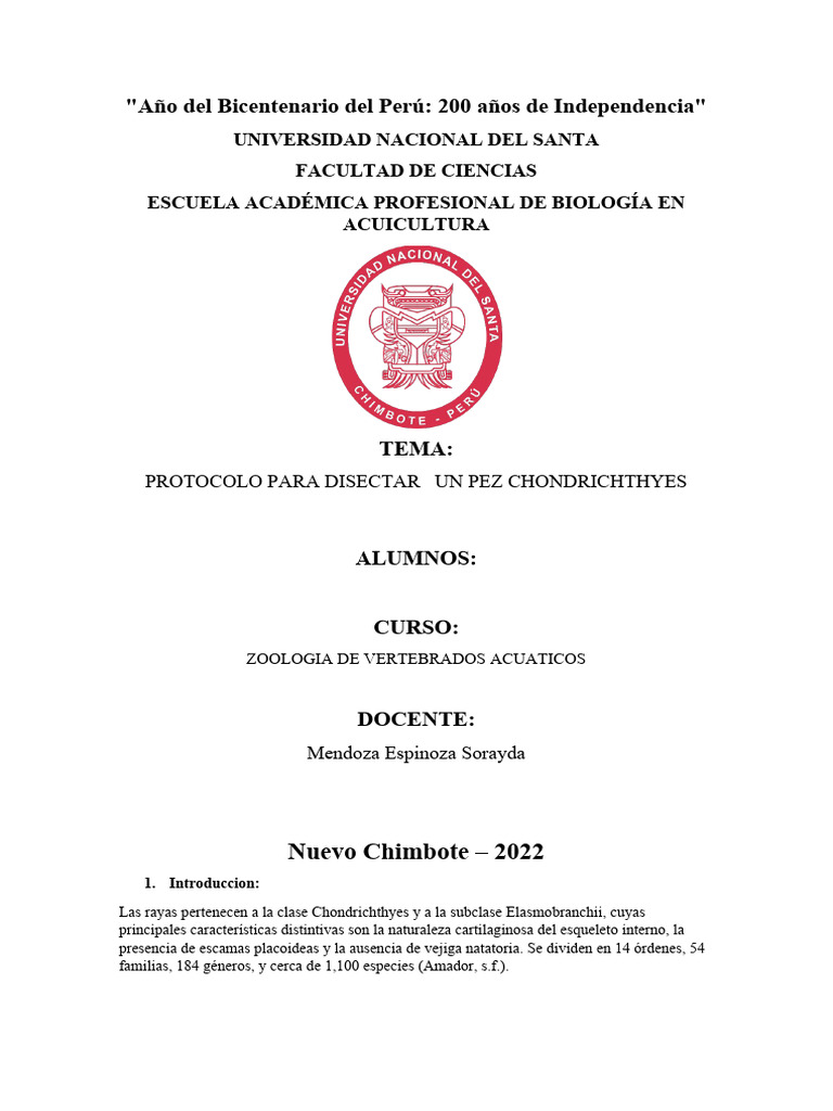 Protocolo para Disectar Un Pez Chondrichthyes (Sem 2) | PDF | Zoología ...