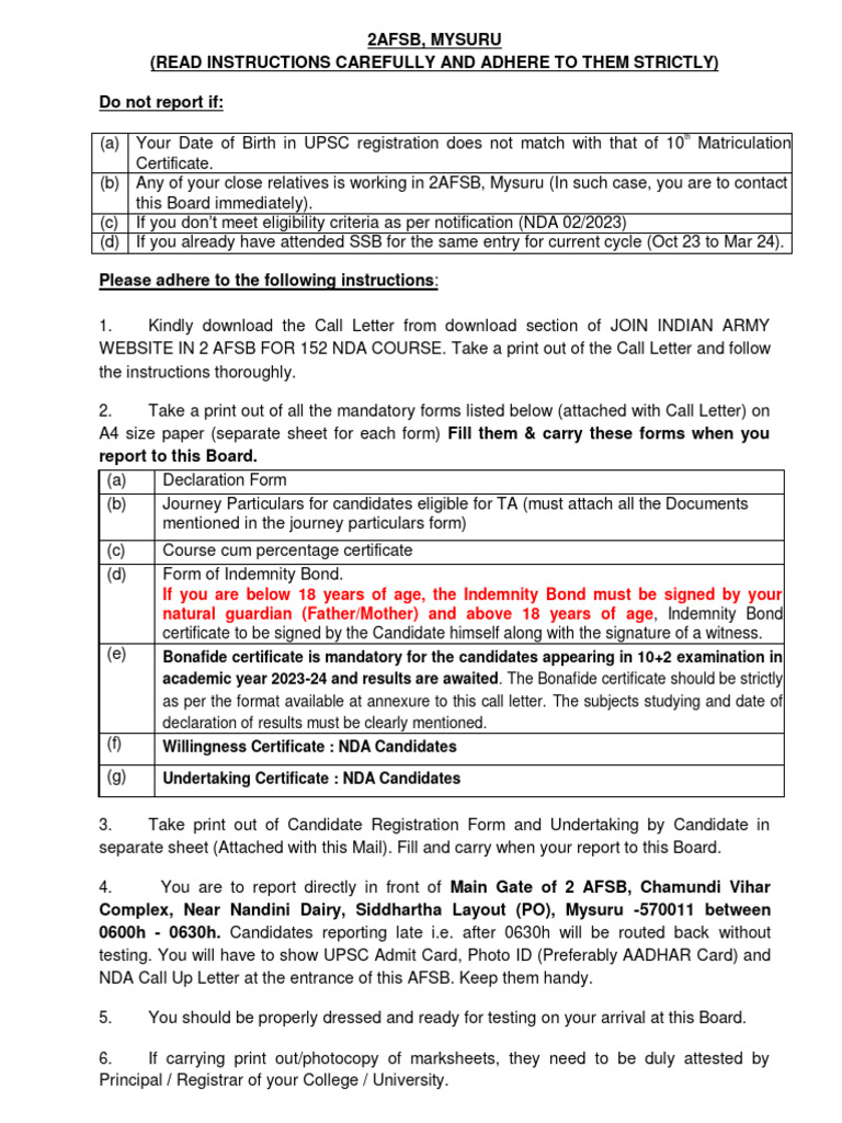 Instructions To NDA Candidates | PDF | Identity Document