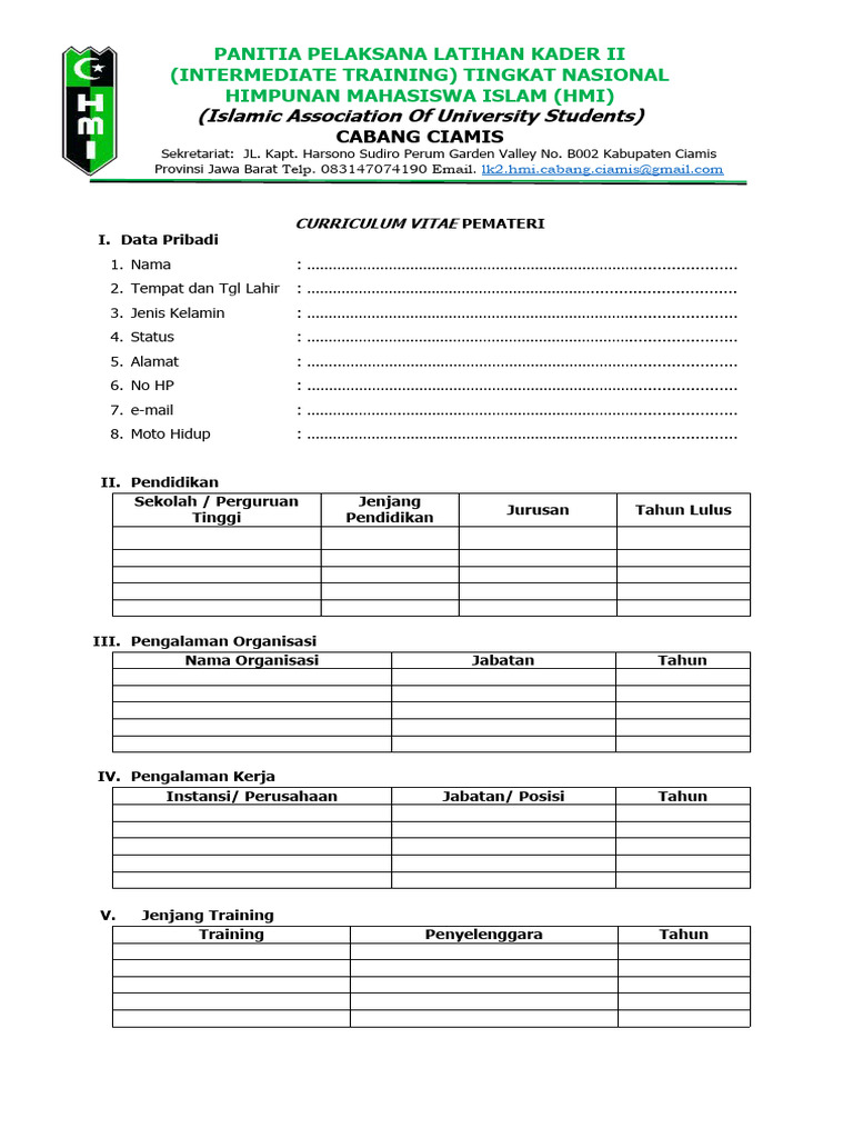 Latihan Kader II HMI Ciamis: CV Pemateri | PDF