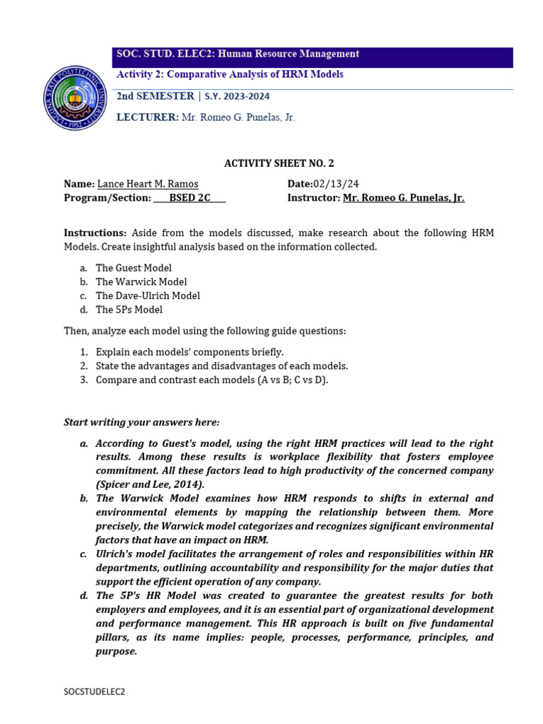 Ramos Lance Heart M. - SOCSTUD - ELEC2 - Activity - 2 | PDF | Human Resource Management ...