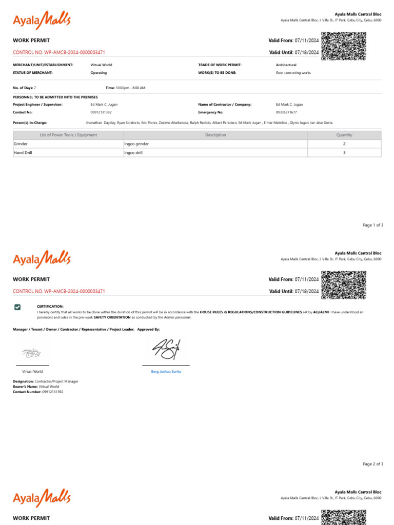 Work Permit - WP-AMCB-2024-0000003471 | PDF | Safety | Occupational ...