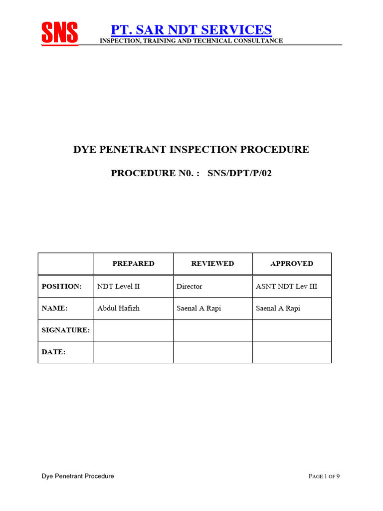 SNS Procedure 02 Dye Penetrant | PDF | Nondestructive Testing | Materials