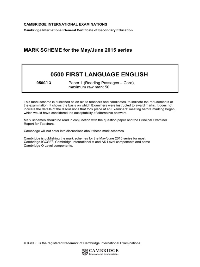 0500 First Language English: MARK SCHEME For The May/June 2015 Series | PDF