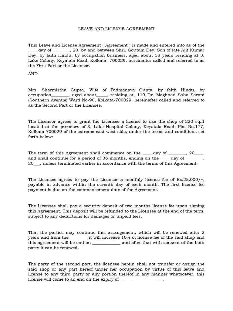 LEAVE AND LICENSE AGREEMENT | Download Free PDF | License | Landlord