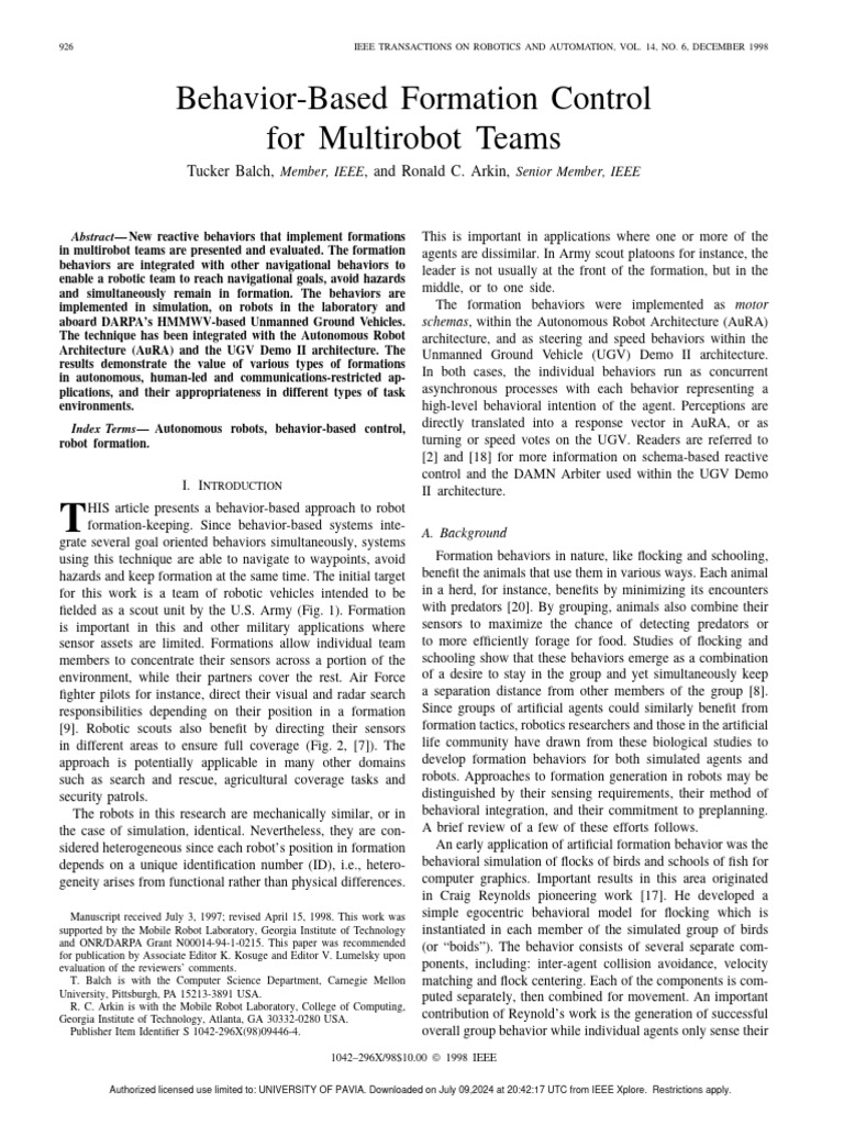 Behavior-Based Formation Control For Multirobot Teams | PDF | Simulation | Robotics