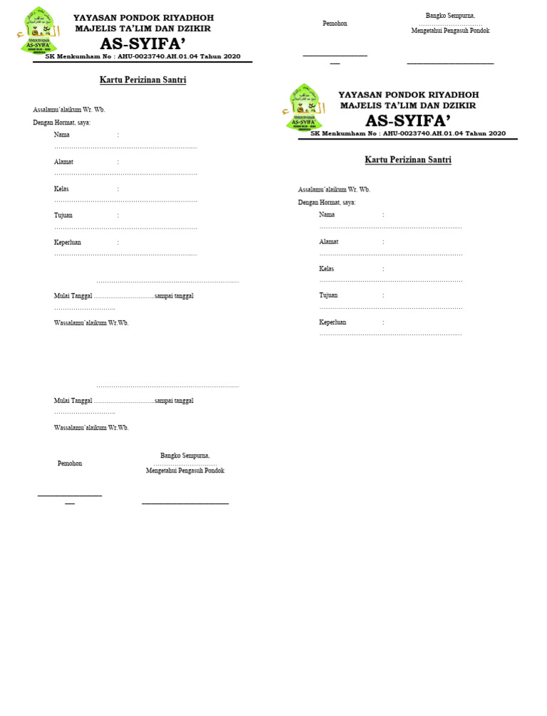 Kartu Izin Santri | PDF