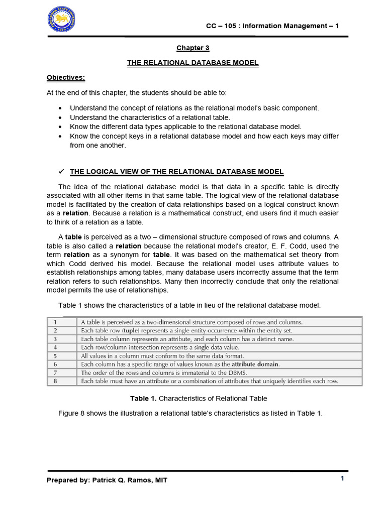 Cc 105 Chapter 3 Relational Database Model Pdf Relational Model