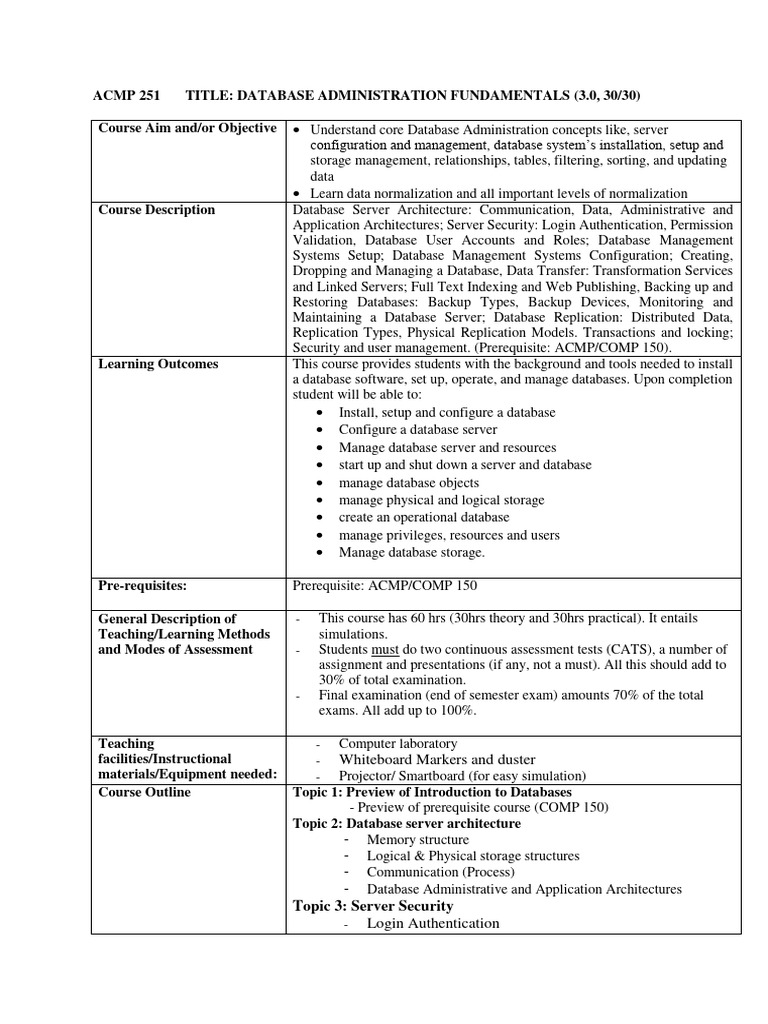 ACMP 251 - Database Administration | PDF | Databases | Replication (Computing)