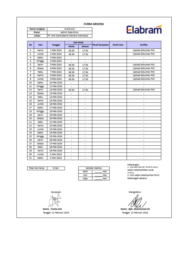 Absensi YUNITA AINI - Form Absensi | PDF