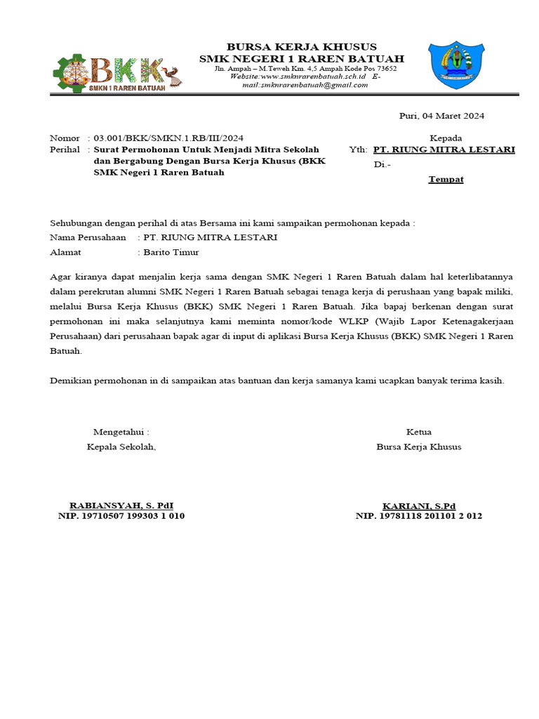 Surat Permohonan BKK SMKN | PDF