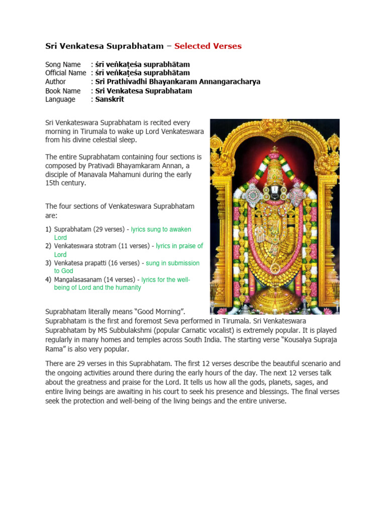 Sri Venkatesa Suprabhatam Overview | PDF | Hindu Deities